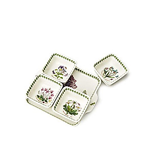 Portmeirion Botanic Garden 5-Piece Accent Bowl Set | 8 Inch Handled Plate with 3.75 Inch Square Bowls | Assorted Floral Motifs | Made from Porcelain | Microwave and Dishwasher Safe