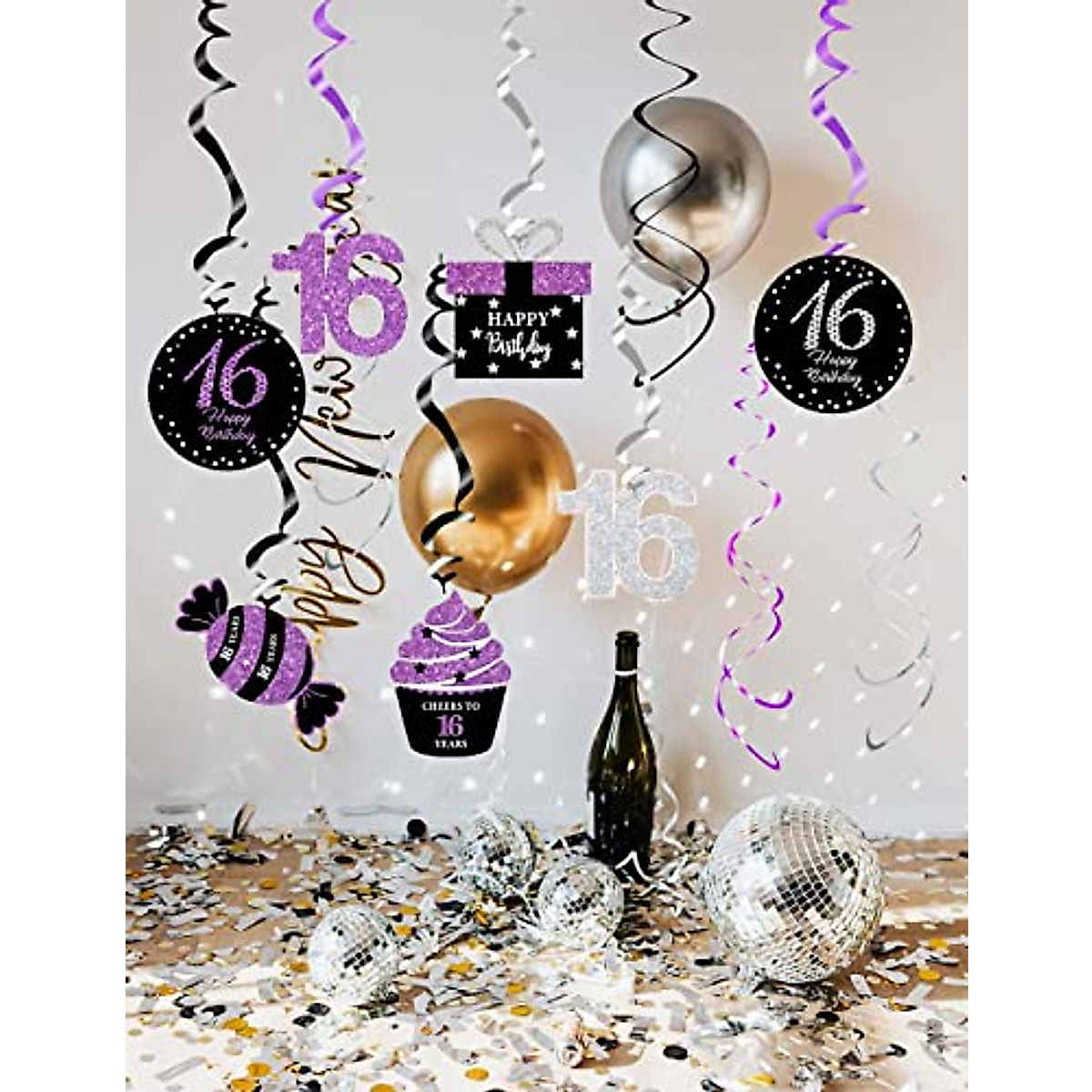Sweet 16 Birthday Decorations Purple Silver Black for Women/Girl 16th Birthday Party Decoration Purple Silver Black Foil Hanging Swirls Decorations Girl 16th Birthday Party Hanging Decor / Swirls of 15pcs