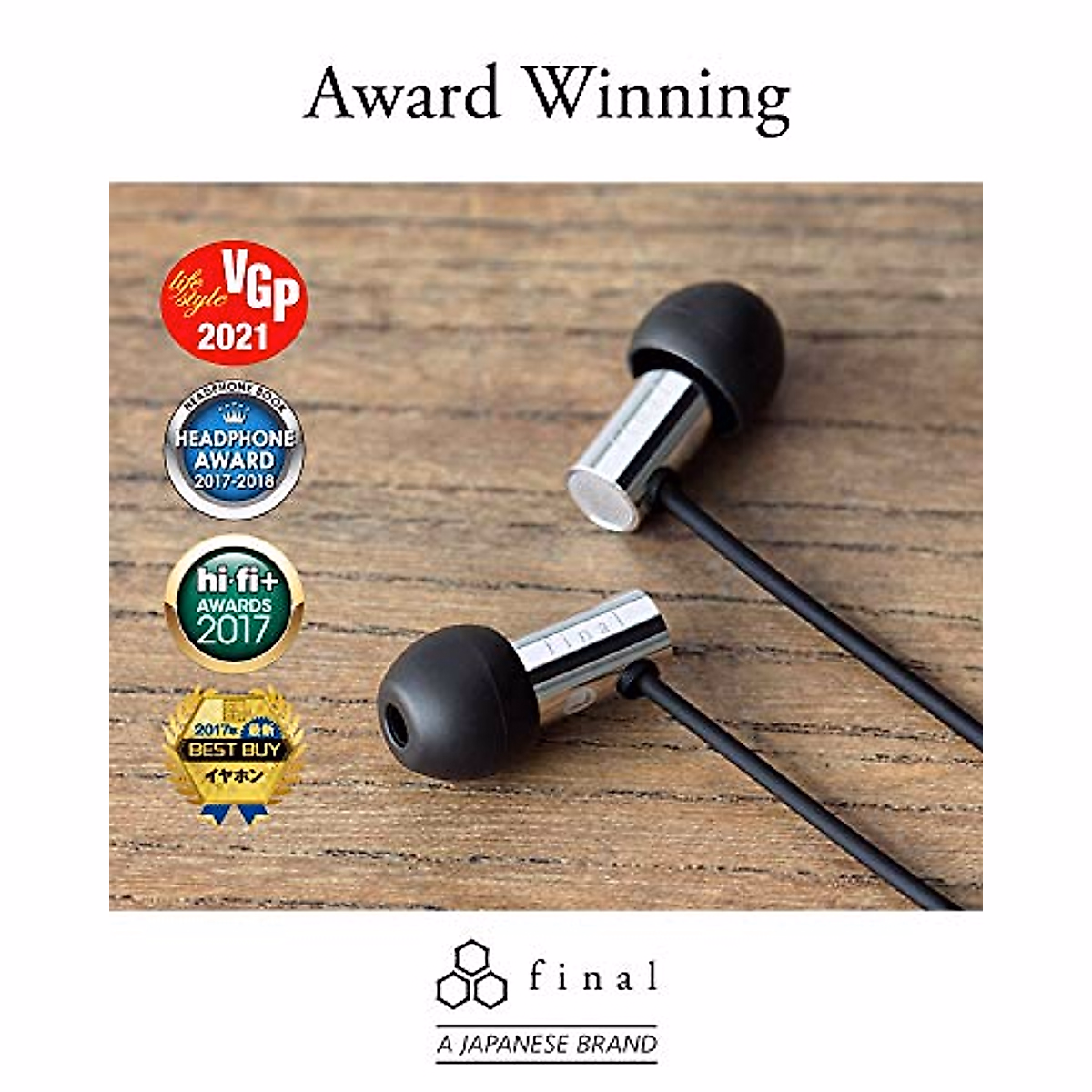 Final E3000 in-Ear Headphones, Hi-Fi Sound Quality, Hires Certified, Award Winning, Stainless Steel Housing, 3.5mm Standard Plug, Natural Sound with Extended Bass, Designed in Japan