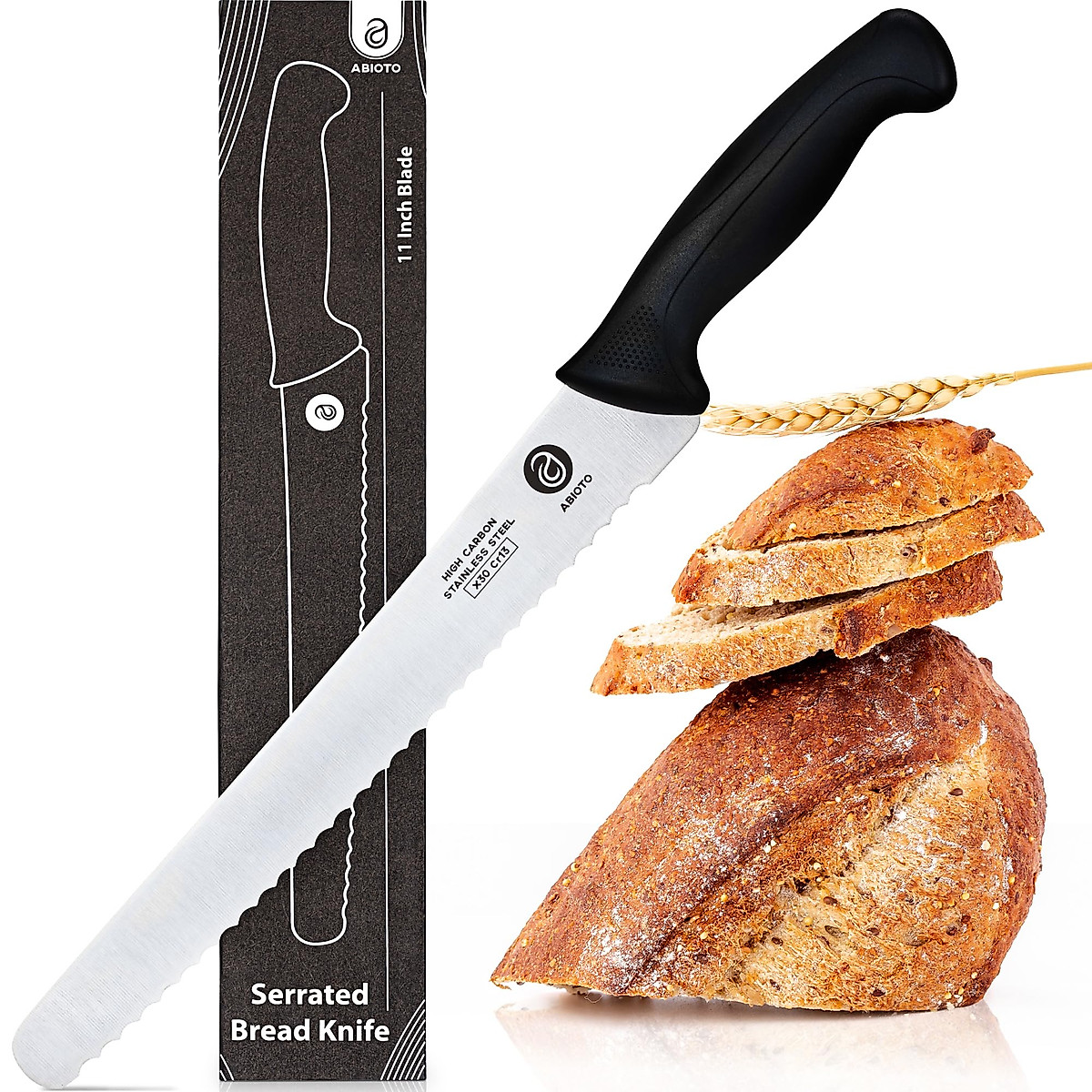 ABIOTO Serrated Bread Knife for Homemade Bread - Perfect 11-Inch Sourdough Bread Knife Made of High Carbon Stainless Steel X30 Cr13 with One-Sided Sharp Serrations and Ergonomic Handle
