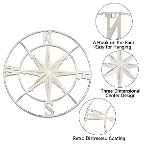 YIYA 11.8" Distressed Metal Compass Decoration Metal Decorative Compass for Nautical Decoration Bedroom Living Room Garden Office Wall Hanging Beach Theme Home Decoration (White)
