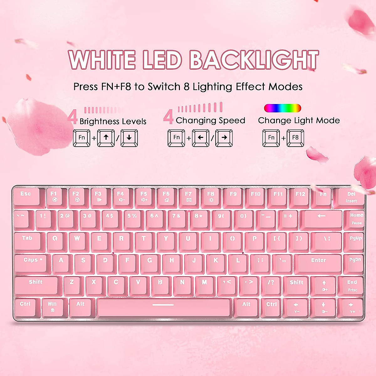 LexonElec Pink Gaming Mechanical Keyboard White Backlit 82 Keys Illuminated Type-C Wired Gaming Keyboard with Red Switches for Computer Gamers (Pink)