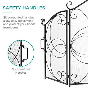 Best Choice Products 3-Panel 55x33in Solid Wrought Iron See-Through Metal Fireplace Screen, Spark Guard Safety Protector w/Decorative Scroll - Black