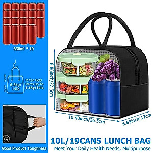 10L 19Cans Insulated Lunch Bag for Women Men, Reusable Lunch Box for Office Work Picnic Beach Travel, Leakproof Soft Cooler Tote Bag Freezable Lunch Bag for Adult, Black
