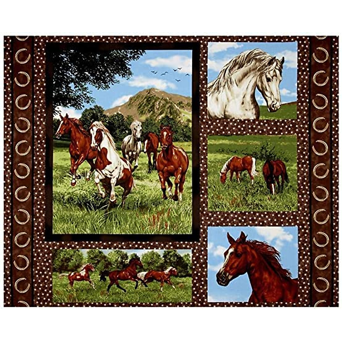 Horses & Horse Shoes Quilt Block or Pillow Cotton Fabric Panel (Great for Quilting, Sewing, Craft Projects, Blanket, Wall Hangings, and More) 35" X 44" Tall