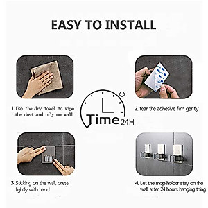 HANZE 2 Pack Stainless Steel Mop Broom Holder Organizer, Self Adhesive Wall Mounted Mop Organizer Storage Rack Clip for Kitchen Bathroom and Garage (Rectangle, Large)