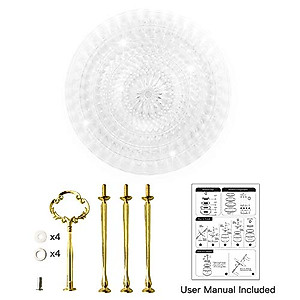 NWK 3/4-Tier Cupcake Stand with Crystal-Clear Plastic Plates and Metal Struts Dessert Stable Tower Display Rack Serving Tray for Wedding Birthday Bridal Shower Autumn NYE Tea Party (Gold)