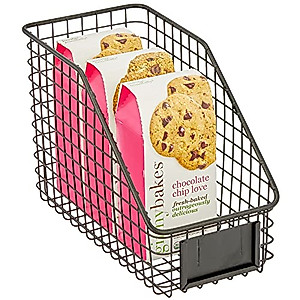 mDesign Slim Slanted Metal Kitchen Food Storage Organizer Bin Basket, Label Slot for Cabinet, Countertop, Pantry, Holder Container for Produce, Fruit, Vegetable, Omaha Collection - Matte Black