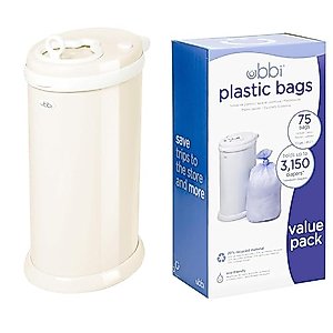 Ubbi Steel Odor Locking Diaper Pail + Disposable Pail Bags Value Pack