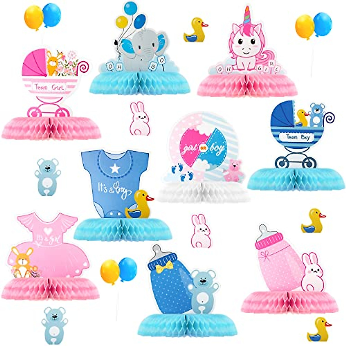 9 Pieces Gender Reveal Decorations Gender Reveal Honeycomb Centerpieces Bear Table Decorations Elephant Table Centerpieces for Boy or Girl Gender Reveal Baby Shower Pregnancy Announcements Decor