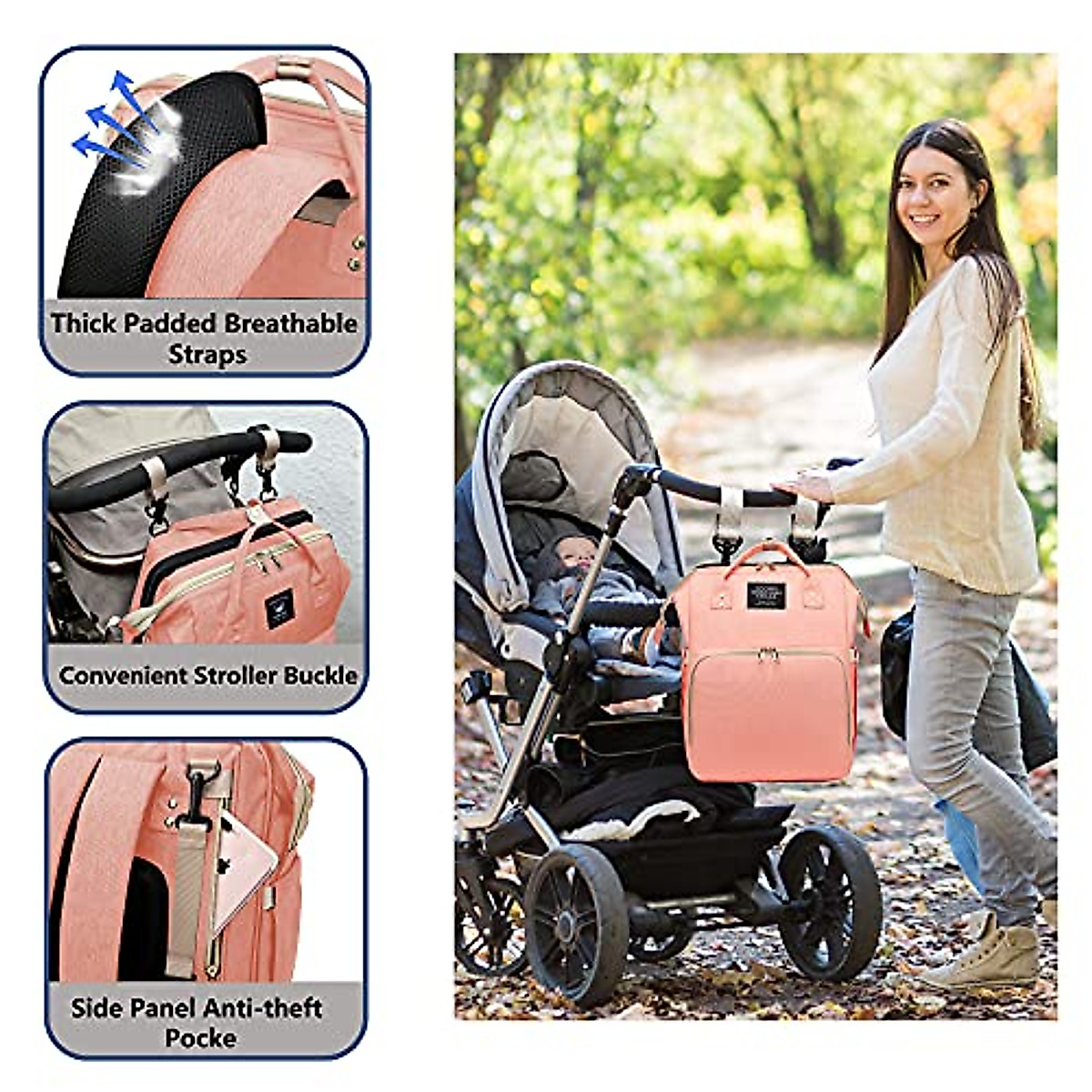 Lamroro Diaper Bag Backpack Foldable Baby Bed, Diaper Changing Station with USB Charging Port, Waterproof Multi-Functional Girl Boy Mom Travel Baby Diaper Bag, Large Capacity, Pink, 16.5x9x13 Inch