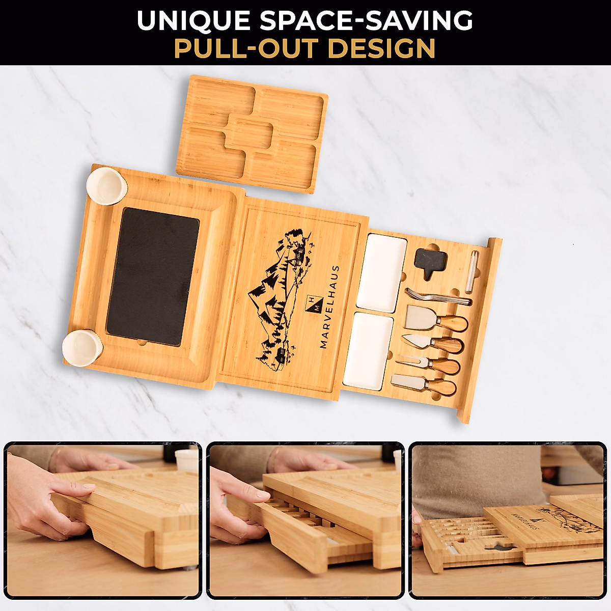 MARVELHAUS Large Charcuterie Board 19 pcs accessories, Cheese Board With Mountain Scene, Cheese Board & Knife Set, Bamboo Charcuterie Boards, Cheese Servers-Unique House Warming New Home, Wedding Gift