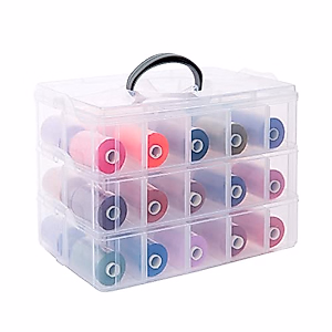 HUHYNN Thread Box with 30 Compartments, 3-Tier Stackable Storage Box for Sewing Threads, Plastic Storage Box for Sewing Kits, Craft Supplies (Transparent)