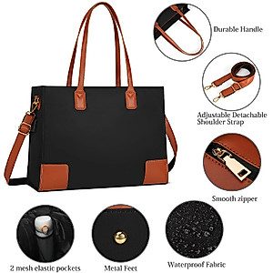 NUBILY Women's Large Black Tote Laptop Bag, 15.6 Inch USB Charging Port, Waterproof Nylon Shoulder Bag