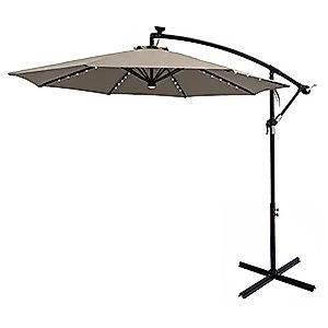 Helios&Hestia 10 ft Solar Powered Offset Cantilever Patio Umbrella Outdoor with LED Lights and Cross Base, Taupe