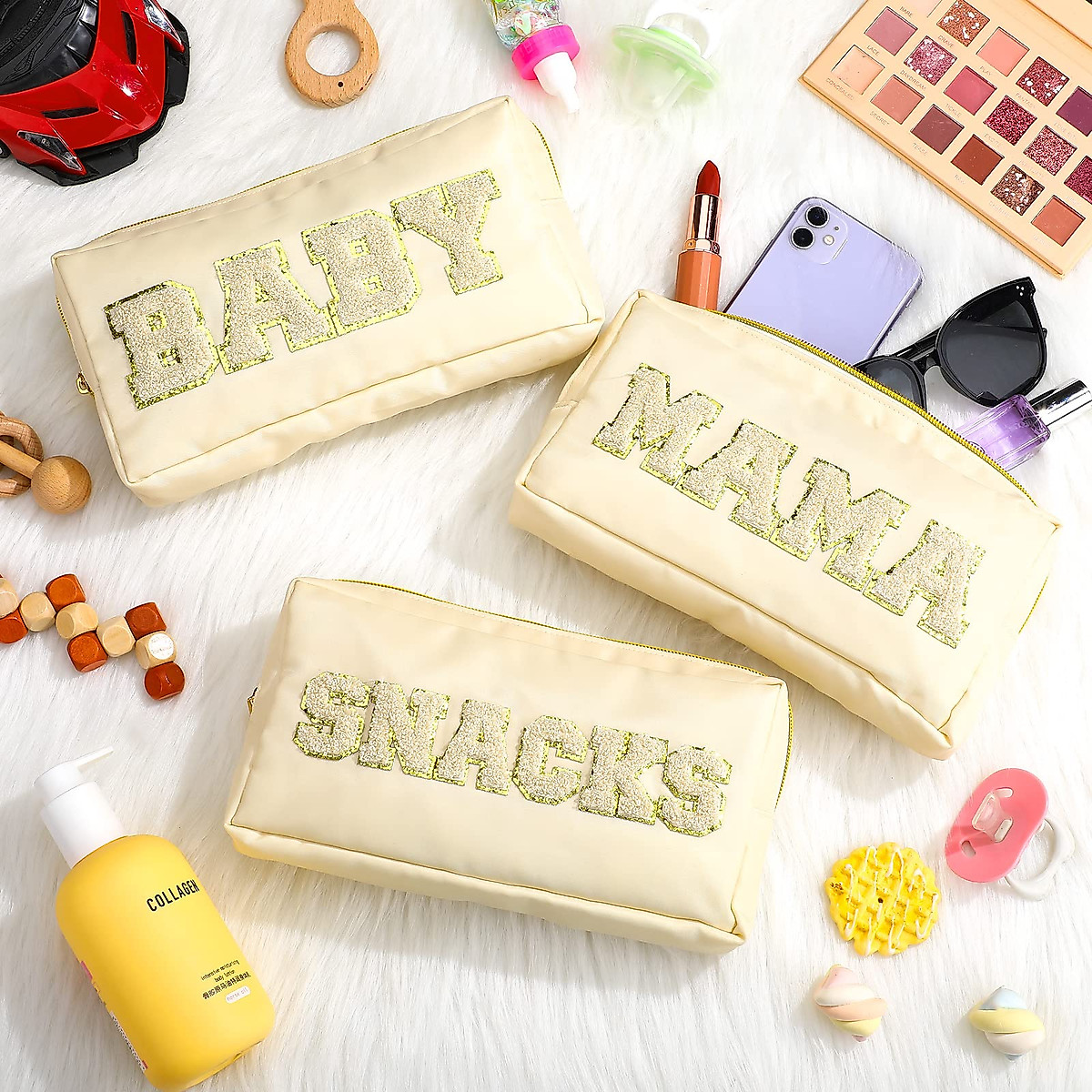 3 Pcs Preppy Pouch Small Nylon Makeup Bag Baby Zipper Travel Toiletry Bag for Women Waterproof Mama Makeup Organizer Bag Snacks Cosmetic Travel Pouch with Chenille Letter Patches for Girls Kid Storage