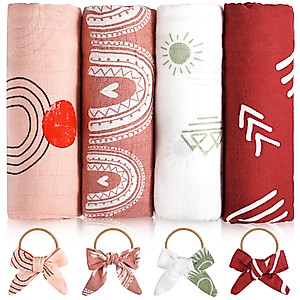 Tatuo 8 Pcs Baby Receiving Blanket Cotton 47 x 47 Inches Muslin Swaddle Blankets 4 Headband 4 Baby Swaddle for Newborns Accessories Set Breathable Soft Flamingo Flower Blankets(Boho Rainbow)