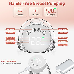 Wearable Breast Pump Hands Free: Portable Electric Breast Pumps with 24mm Flange 3 Modes 9 Levels Leak-Proof Massage Function Single Rechargeable Wireless Low Noise Painless Breastfeeding Pump