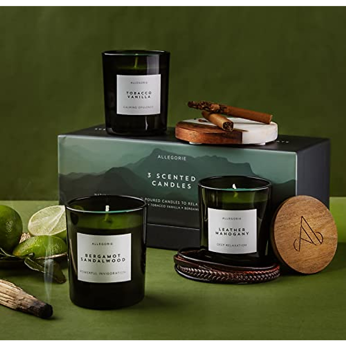 Set of Three Scented Candles for Men | Masculine scents of Bergamot & Sandalwood. Leather & Mahogany, Tobacco & Vanilla | 3 x Natural Soy Wax Candle for Men (5.6oz)