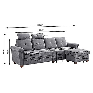 Pingliang Home Convertible Sectional Sofa with Storage, 4 Seat L Shaped Couch with Chaise and Cup Holder, Modern Microfiber Fabric Sofas Couches for Living Room, Apartment, Office (Light Grey)
