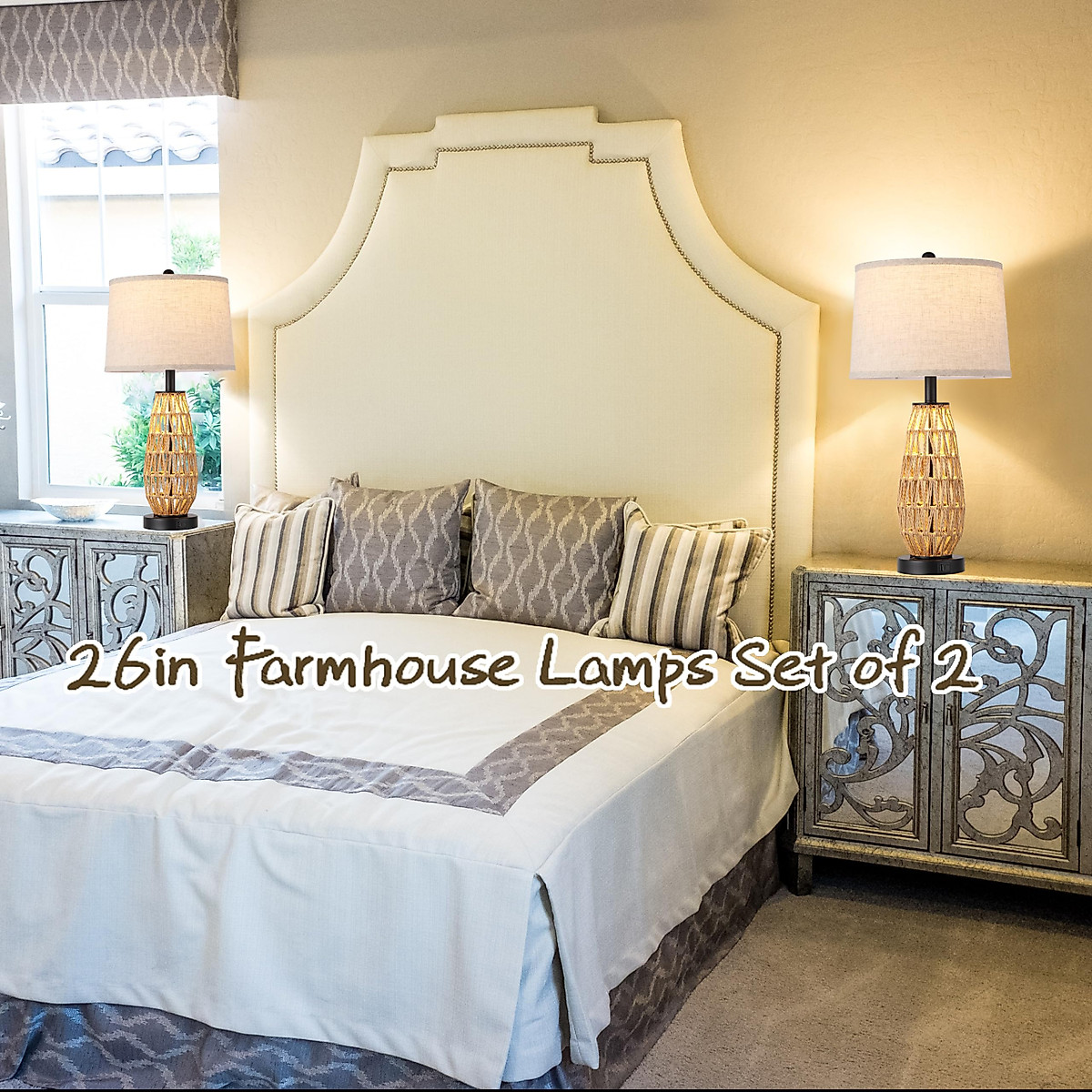 TUUANA 26in Rattan Table Lamps Set of 2 with USB Charging Ports, Farmhouse Wicker Lamps for Living Room End Table, Coastal Lamps for Bedroom Bedside Nightstand, 2 LED Bulbs & 2 Nightlights Included