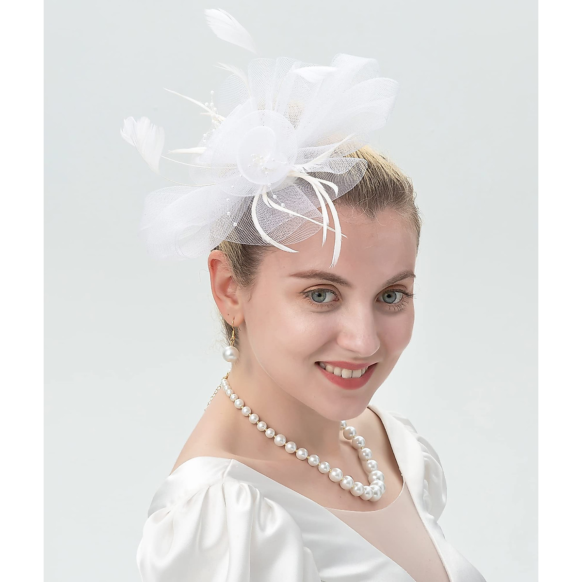 Myjoyday Women's Fascinators Hat for Tea Party Church Cocktail, Feathers Veil Headband with Hair Clip (White)