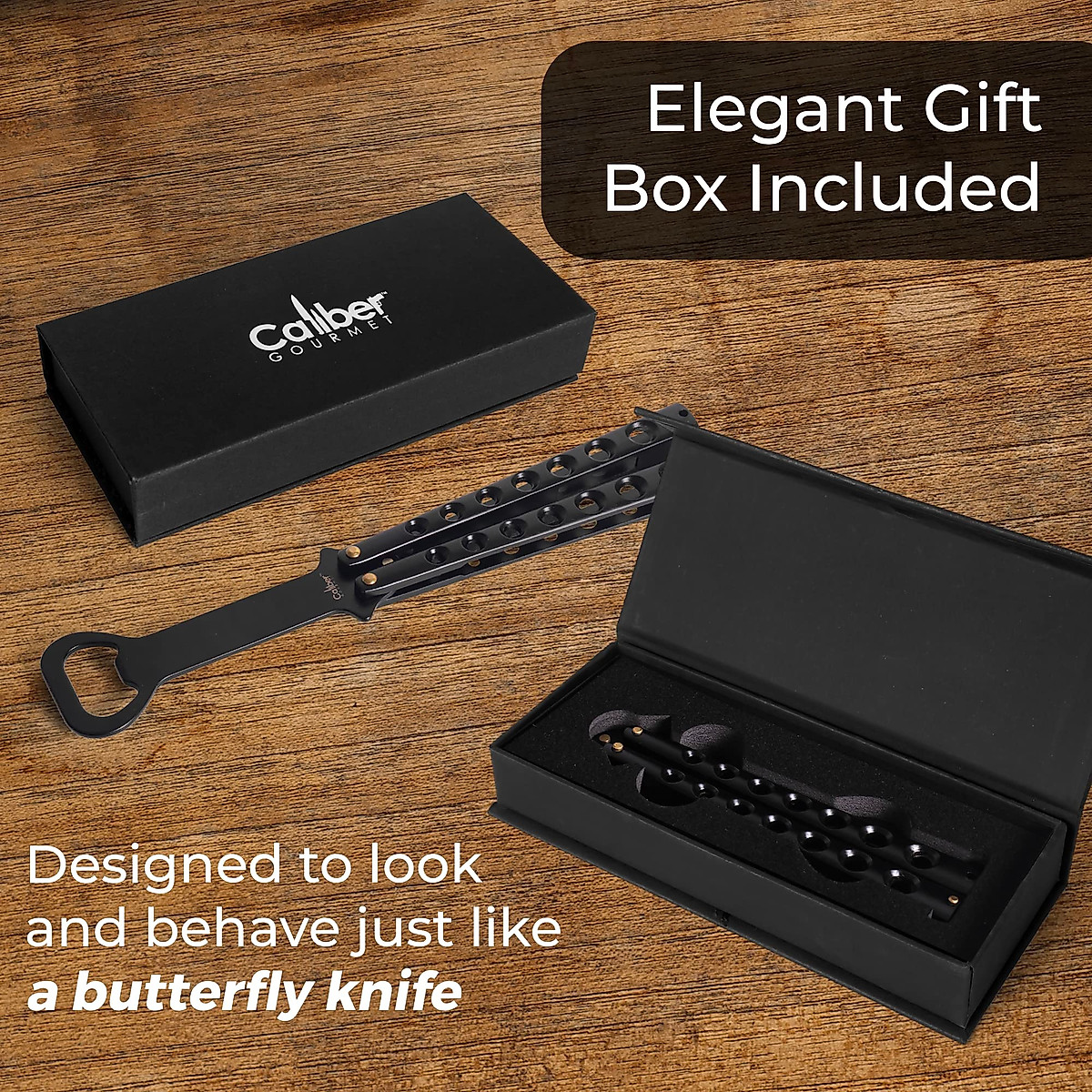 Caliber Gourmet CBG-1021-BK Butterfly Knife Style Multitool Butterfly Bottle Opener and Beer Opener Bartender Supplies, Black