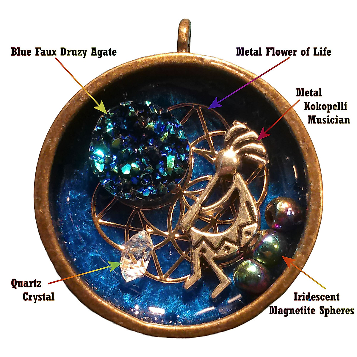 Music of the Spheres Orgone Pendant - with magnetite and double terminated quartz crystal activation, blue