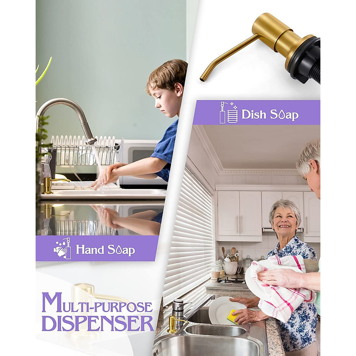 Hoanmpy Soap Dispenser for Kitchen Sink Brushed Gold, Built in Stainless Steel Kitchen Soap Dispenser, Refill from The Top,in Counter Kitchen Sink Soap Dispenser,17 oz