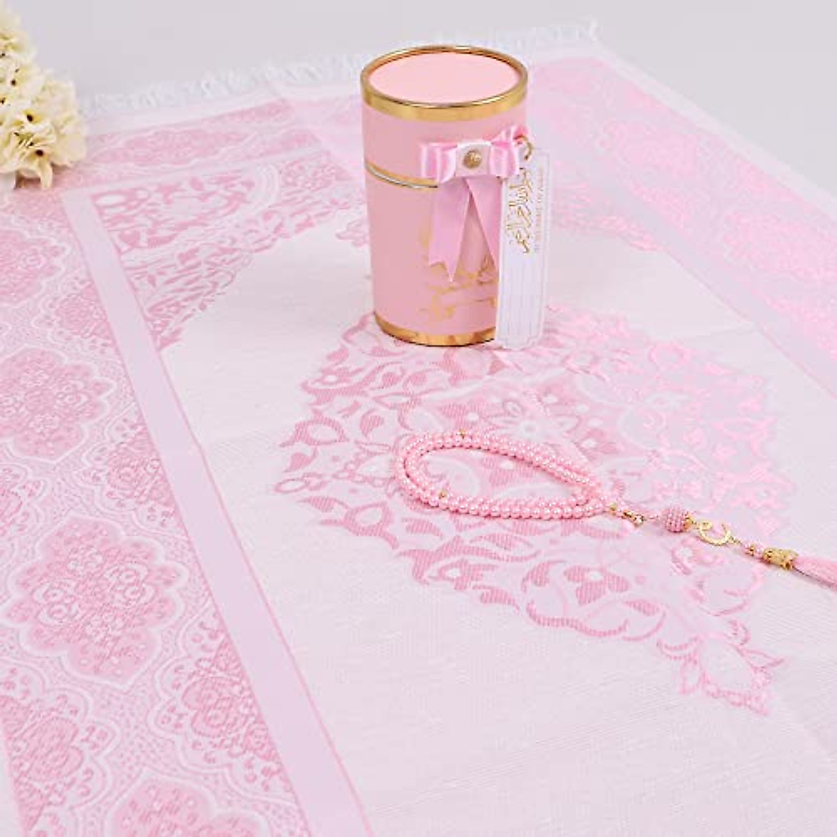 Islamic Elite Favors Personalized Muslim Lightweight Travel Prayer Rug Prayer Beads Set, Prayer Mat Tasbeeh Set, Ramadan Eid Hajj Umrah Wedding Birthday Graduation Mother's Day (Pink)