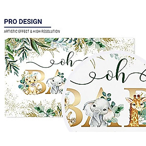 Allenjoy 70.8" x 43.3" Safari Baby Shower Backdrop Jungle Animals Oh Baby Party Banner Gold Greenery Leaves Decor Wild Gender Neutral Party Decorations Supplies