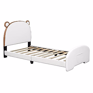 YSWH Twin Size Upholstered Bear Shaped Platform Bed, Wood Platform Bed Frame with Bear Ears Headboard and Pocket on The Footboard, Kids Bedroom Furniture Fun Cute Bear Bed Cartoon Bed (White)