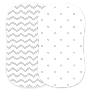 Bassinet Fitted Sheets Compatible with Halo, Fisher Price, Delta, Graco – Fits Perfectly on 15 x 33 Inch Oval, Rectangular Mattress Pad – Snuggly Soft Jersey Cotton – Grey Dots, Chevron – 2 Pack