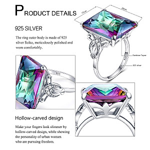 SZJINAO Vintage Silver 925 Rings for Women Mystic Fire Rainbow Topaz Huge Square Stone Ring Wife Lady Mom Birthday Gift Silver Jewelry