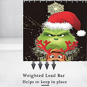 4Pcs Christmas Elk Grinch Shower Curtain Set with Non-Slip Rugs,Bath Mat and Toilet Lid Cover for Bathroom Weighted Lead Hem Polyester,New Year Xmas Winter Holiday Decor with 12 Hooks 72x72 in(50)