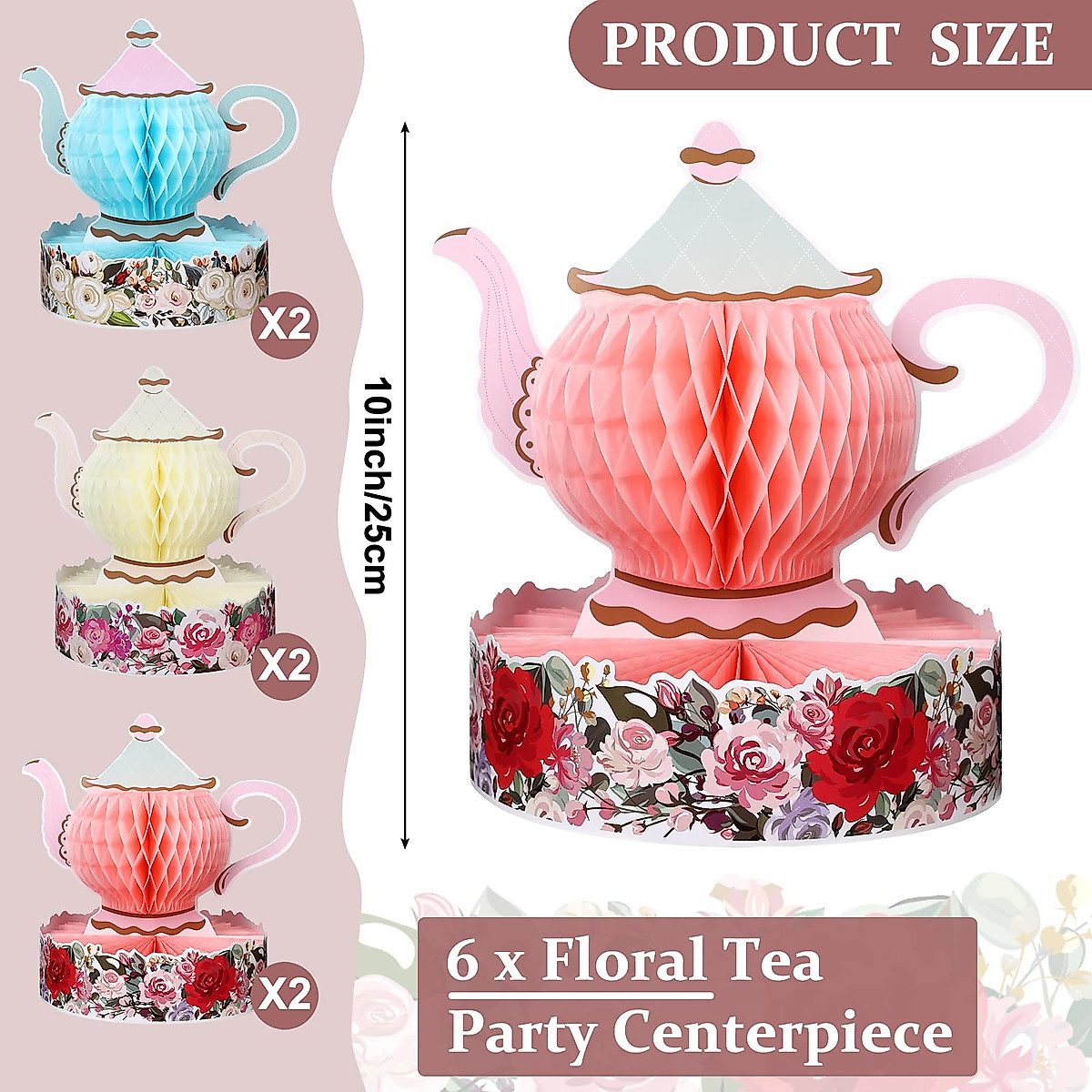 Wettarn 6 Pcs Floral Tea Party Decorations Princess Party Tea Honeycomb Tea Party Centerpieces for Tables Spring Summer Birthday Decors 3D Vintage Teapot Vase Decors for Wedding Girls Women (Floral)
