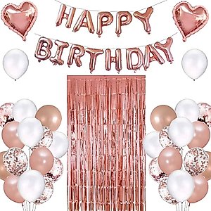 Rose Gold Birthday Party Decorations Set with Rose Gold Happy Birthday Balloon Banner, Confetti and Latex Balloon Heart Foil Balloon, Fringe Curtain for Rose Gold Theme Birthday Party Supplies