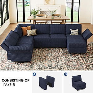 Belffin Modular Sectional Sofa with Storage Ottoman Seats, Corduroy Convertible Oversized Modular U-Shaped Sectional Couch for Living Room, Blue