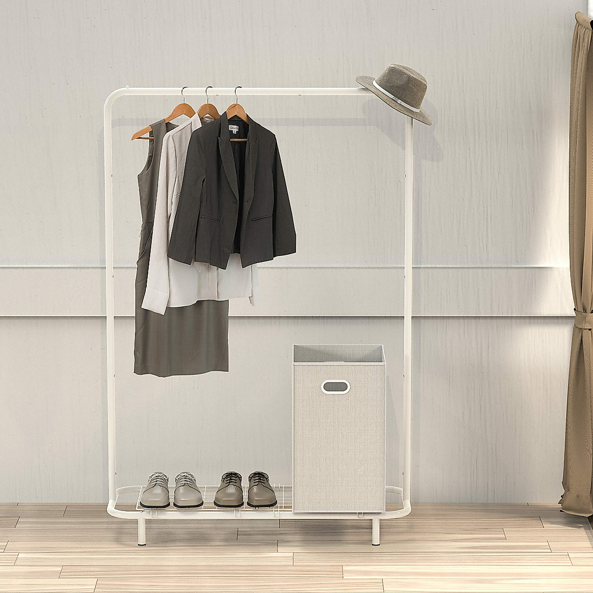 Simple Houseware Clothing Rack with Industrial Pipe and Bottom Shelves, White