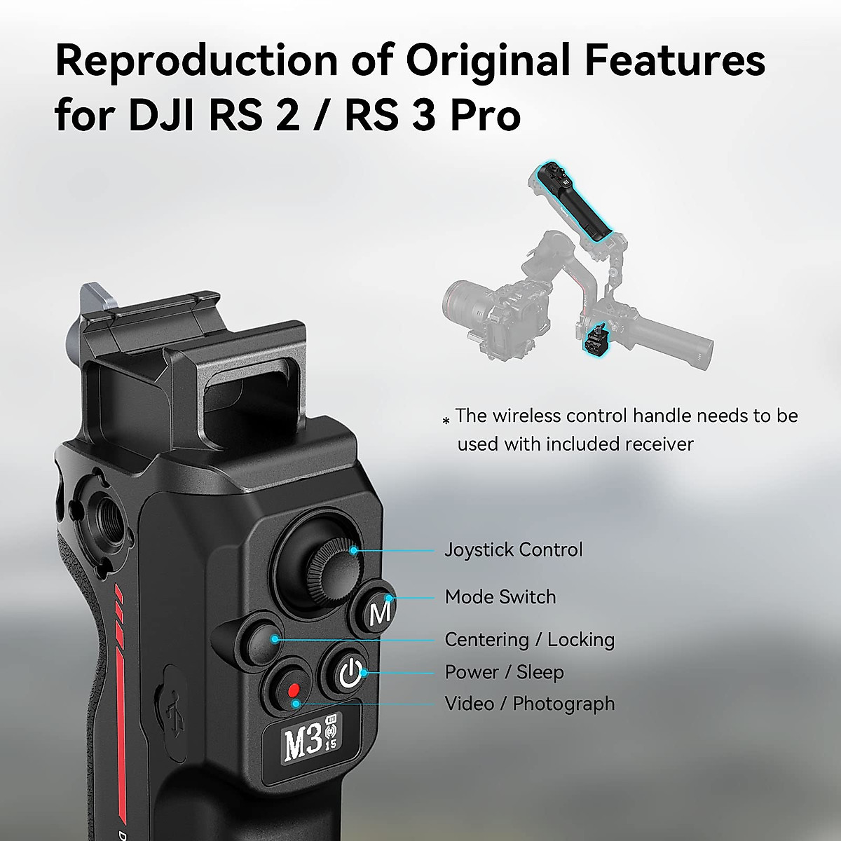 SMALLRIG Wireless Control Handle for DJI RS 2 RS 3 Pro, Foldable Handle with Control Module, Threaded Holes, Built-in Cold Shoe and NATO Rail - 3919