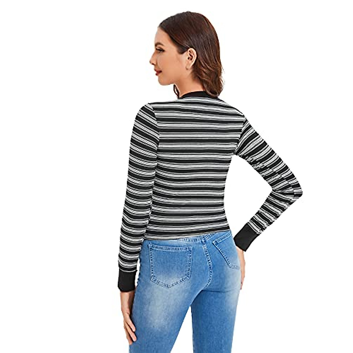 SheIn Women's Striped Mock Neck Shirt Top Long Sleeve Turtleneck Tee T-Shirts Black Stripe Medium