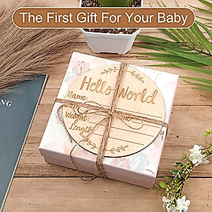 Wooden Baby Announcement Sign, 5.9 Inch Round New Baby Sign Hello World Newborn Welcome Sign for Hospital Photo Prop Baby Shower New Parents (Style 2)
