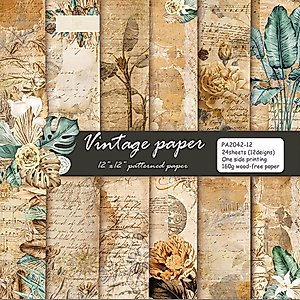 YASMEN Scrapbook Paper Pad 12x12, Vintage Patterned Cardstock Paper Pads, Single-Sided Decopodge Paper, Retro Decorative Craft Paper, Scrapbooking Junk Journal Gift Card Making Supplies - 24Sheet