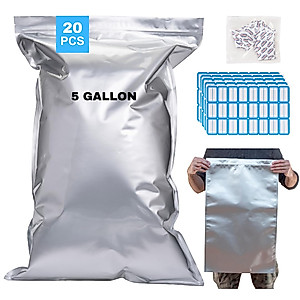5 Gallon Mylar Bags For Food Storage with Ziplock -20pcs 14Mil Extra Thick For Long Term Storing, Dry Aging & Heat Vacuum Seal, 17x26" Large Resealable Myler Bag, 2000cc Oxygen Absorbers & Labels Pack