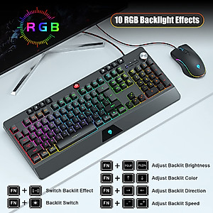 USB Wired Gaming Keyboard Mouse Set, 104 Keys, 10 RGB Backlit Modes, 19 Keys Anti-Ghost Keyboard, 1200-7200 DPI Mouse (White)