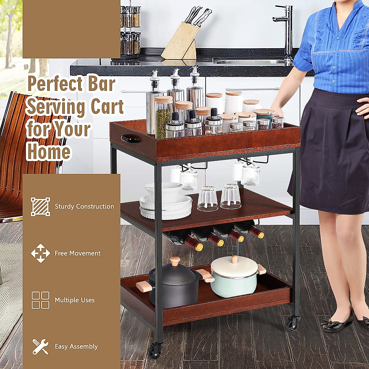 COSTWAY Kitchen Rolling Island Cart, 3-Tier Rolling Bar Serving Cart with Wine Rack & Glass Holders, Industrial Baker’s Rack on Wheels, Convenient Handle, Brown