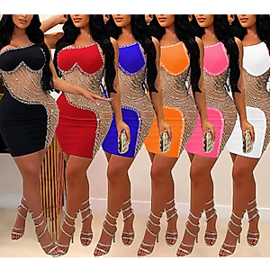 KELYWELL Women's Sexy Mesh Hot Drilling Process Mini Dress Spaghetti Straps Rhinestone Dress Party Club Night Dress (Red D,Small)
