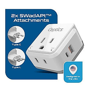 Ceptics Italy, Chile, Rome Power Plug Adapter Travel Set, 20W PD & QC, Safe Dual USB & USB-C 3.1A - 2 USA Socket - Compact - Use in Lybia, Tunisia, Uruguay Includes Type C, Type L Swadapt Attachments