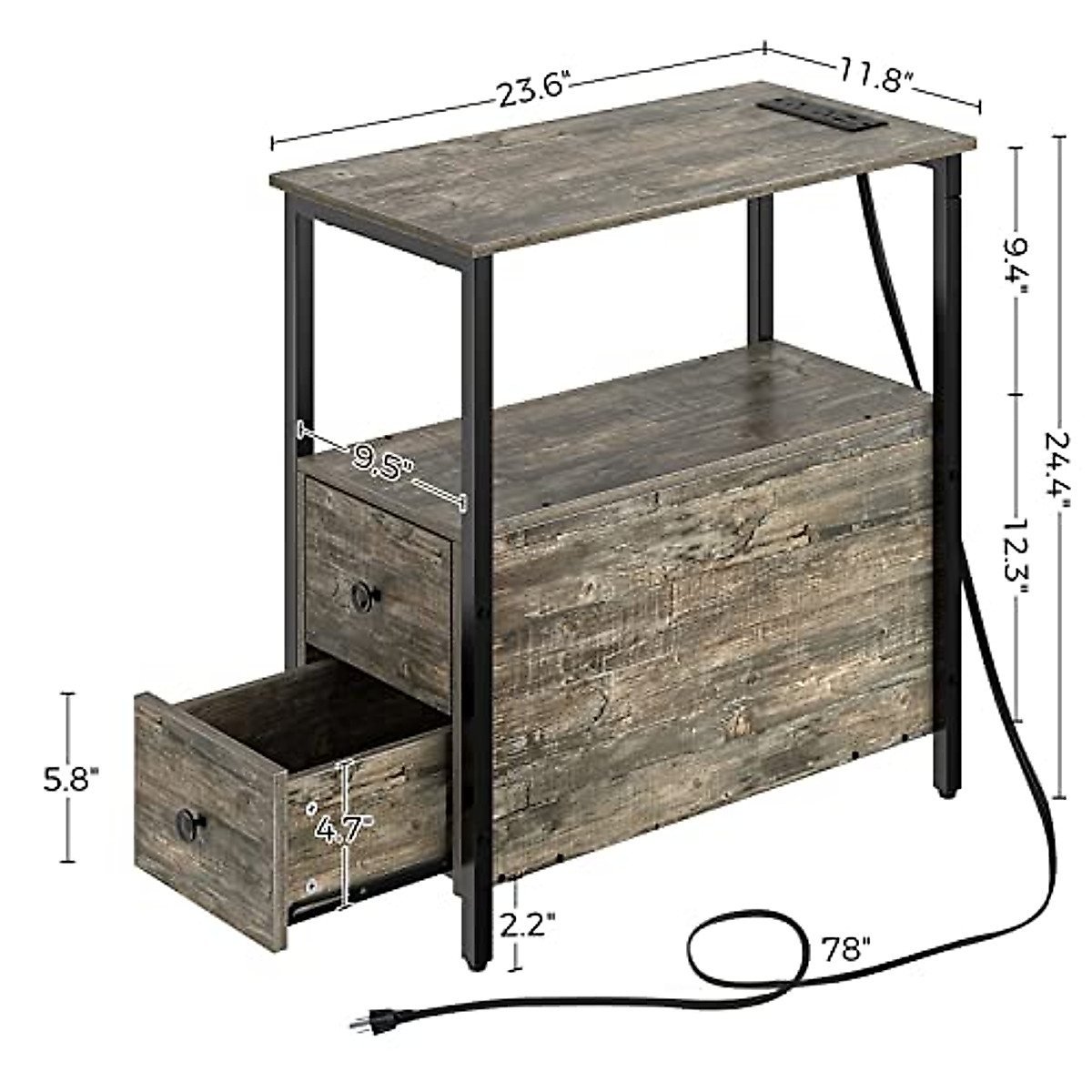Rolanstar End Table with Charging Station, Narrow Side Table with 2 Wooden Drawers, USB Ports and Power Outlets, Nightstand Sofa Table for Small Spaces, Living Room, Bedroom, Gray