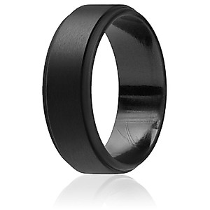 ROQ Silicone Rubber Wedding Ring for Men, Comfort Fit, Men's Wedding Band, Breathable Rubber Engagement Band, 8mm Wide 2mm Thick, Step Edge, Single, Black, Size 11